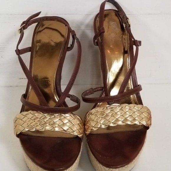 Drey | Shoes | Drey Brown Wedges Metallic Gold Toe Straps Size 1 | Poshmark